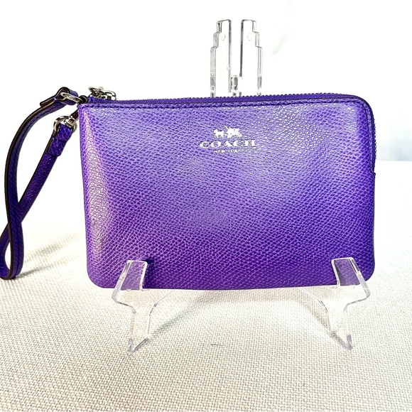 Coach | Bags | Coach Purple Corner Zip Wristlet With Signature Hardware ...